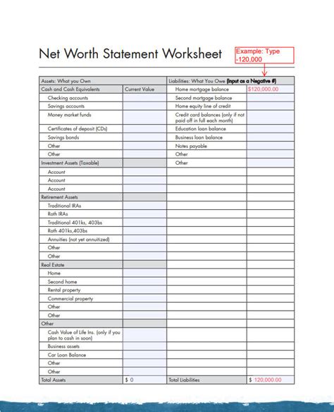 Personal Net Worth Statement Template