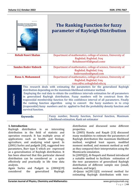 Pdf The Ranking Function For Fuzzy Parameters Of Rayleigh Distribution