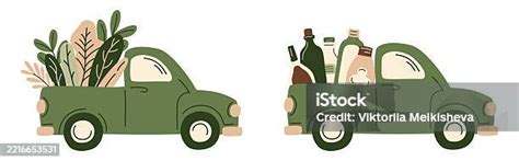 신선한 농산물을 실은 빈티지 녹색 픽업 트럭 손으로 그린 소박한 벡터 일러스트 레이 션은 야채와 병을 특징으로합니다 파머스 마켓 유기농 식품 시골 디자인에 적합합니다 가을에