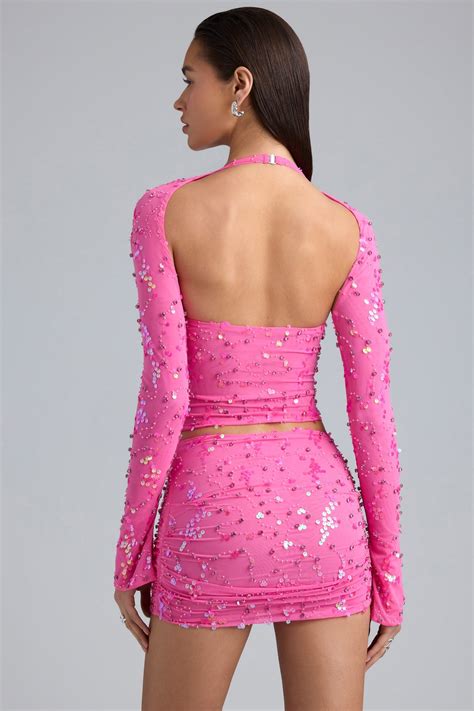 Liana Embellished Cut Out Halterneck Top In Bubblegum Pink Oh Polly