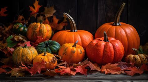 Group Of Pumpkins In Autumn Leaves On Table Background Fall Leaves And