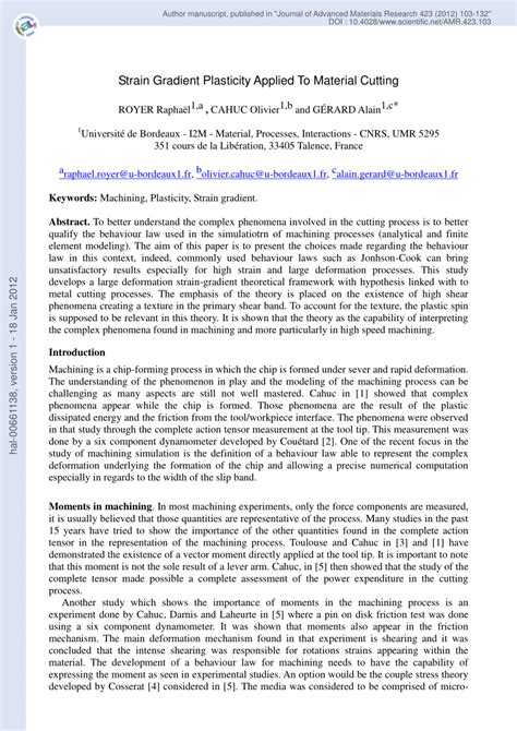 Pdf Strain Gradient Plasticity Applied To Material Cutting