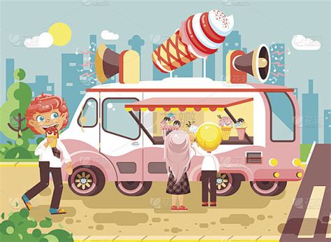 矢量插图卡通人物儿童，小学生，学校的男孩和女孩购买冰淇淋，香草，巧克力，冰棒从汽车，车轮上的饭菜，街