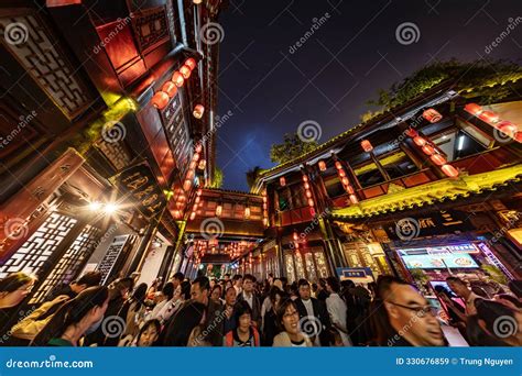 Crowds At The Bustling Jinli Pedestrian Street In Chengdu Sichuan