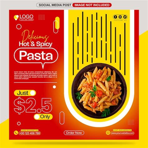 맛있는 뜨겁고 매운 파스타 패스트 푸드 소셜 미디어 포스트 템플릿 디자인 프리미엄 벡터