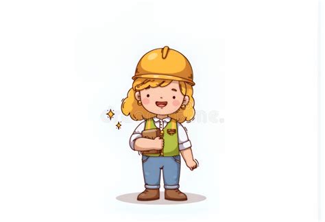 Cheerful Blonde Chibi Female Engineer Cartoon Character In Yellow Hard Hat And Green Uniform