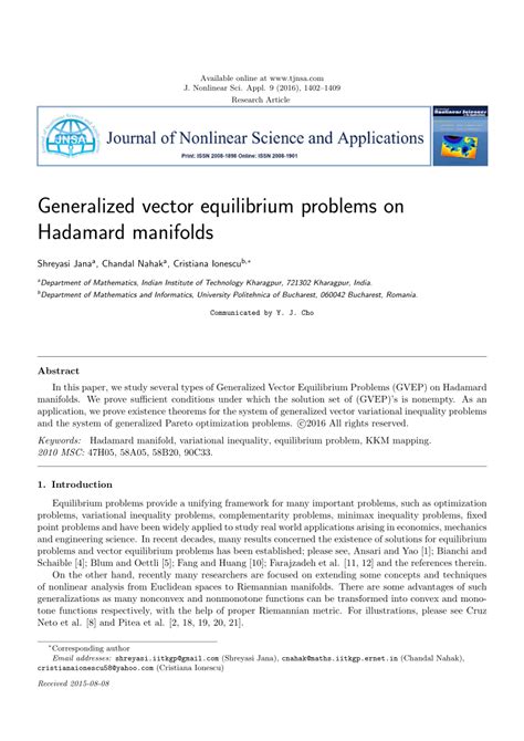 Pdf Generalized Vector Equilibrium Problems On Hadamard Manifolds