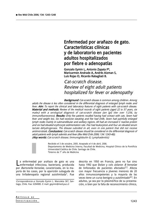 PDF Enfermedad por arañazo de gato Características clínicas y de laboratorio en pacientes
