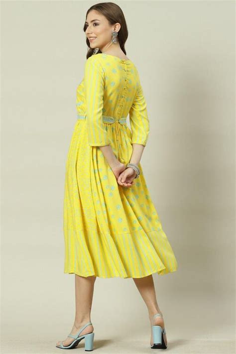 Yellow Cotton Flared Printed Kurta Dress At Biba India
