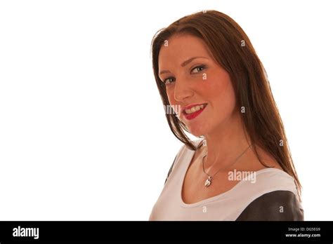 Brown Haired Girl Isolated In White Looking Naughty Into The Camera