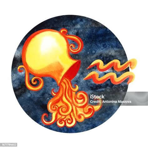 물병자리 별자리로 조디악 표지판 수채화는 손으로 그린 것입니다 예술적 색상 컬러 그림입니다 둥근 진한 파란색 배경에 점성술 예측 달력 인쇄물 0명에 대한 스톡 벡터 아트 및