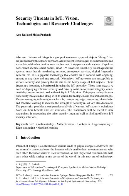 Pdf Security Threats In Iot Vision Technologies And Research Challenges