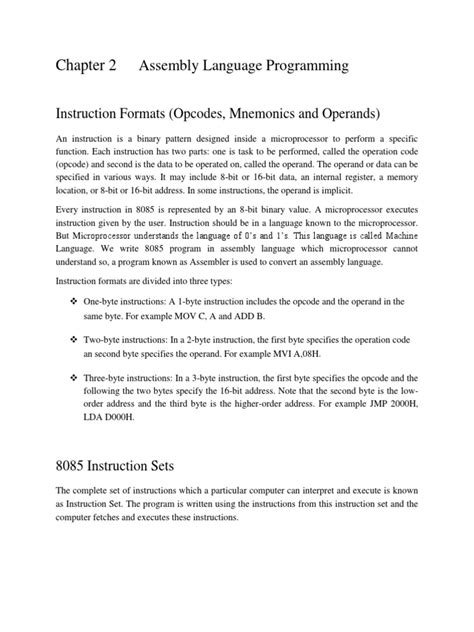 Assembly Language Programming Instruction Formats Opcodes Mnemonics