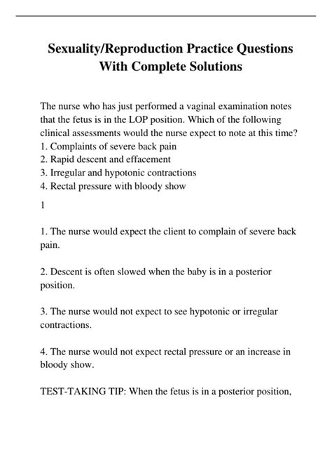 Sexuality Reproduction Practice Questions With Complete Solutions Sexuality Reproduction