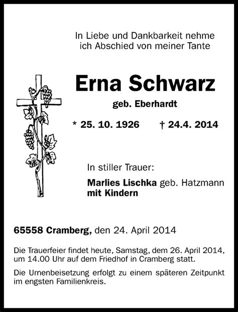 Traueranzeigen Von Erna Schwarz Rz Trauerde
