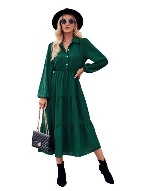 Fashion New Womens Solid Color Casual Waist Long Sleeve Maxi Dress