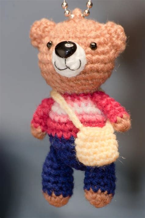 Hand Made Key Ring Brown Teddy Bear Knitted Doll Wearing A Red And