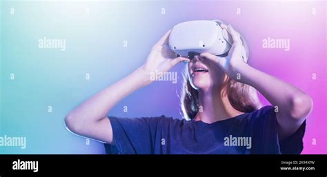Vr Metaverse And Woman With Glasses Against A Neon Mockup Background