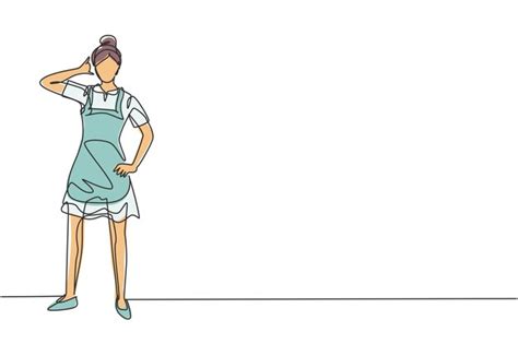 Premium Vector Single Continuous Line Drawing Maid In Hotel Stood