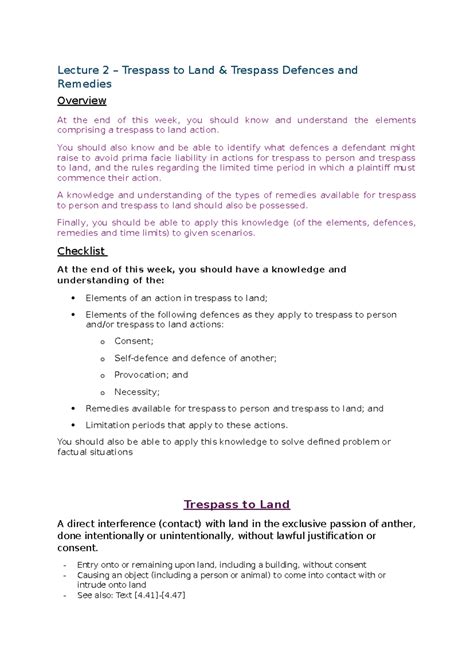 Lecture 2 Trespass To Land And Trespass Defences And Remedies Lecture