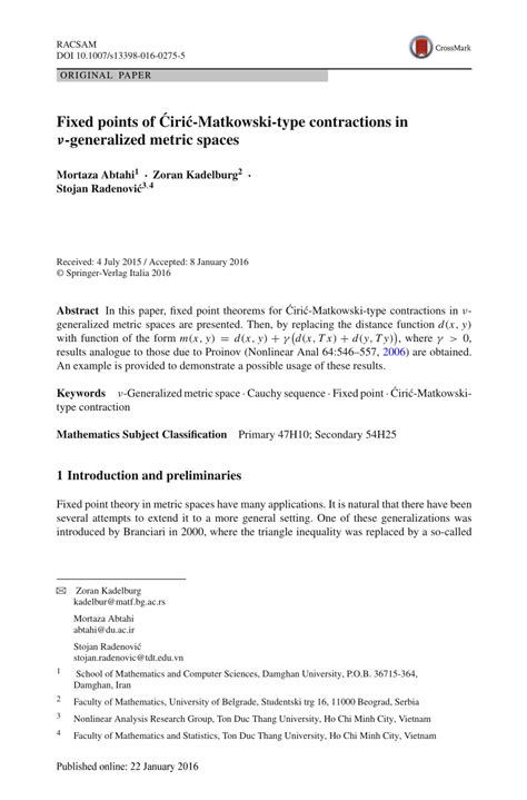 Pdf Fixed Points Of Ćirić Matkowski Type Contractions In Nu ν