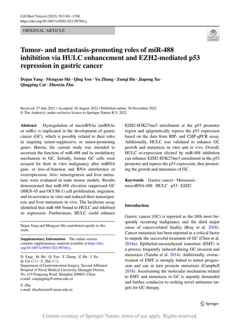 Tumor And Metastasis Promoting Roles Of Mir 488 Inhibition Via Hulc Enhancement And Ezh2