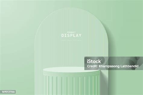 현대 3d 녹색 실린더 연단 받침대는 아치 모양의 배경에 수직 패턴이 있는 사실적입니다 최소한의 벽 장면 쇼 화장품 또는 제품 디스플레이 프레젠테이션을 위한 플랫폼 3d