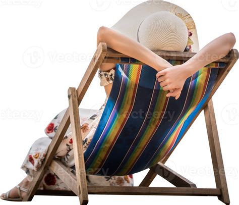Rear View Of Relax Traveler Asian Woman Sitting On Beach Chair Isolated