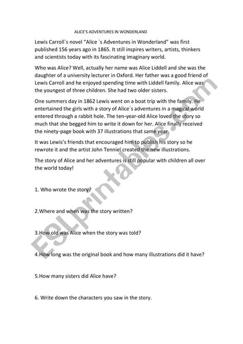 Alice In Wonderland Reading Comprehension Esl Worksheet By Ajhogg