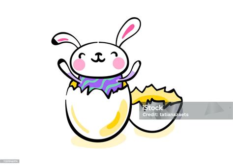 깨진 계란에 귀여운 웃는 부활절 토끼와 함께 행복 한 부활절 인사말 배경 벡터 일러스트 레이 션 손 그리기 스케치 개요 소식통