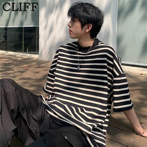 Cliff T Shirt Stripe Black White Color Combination Microfiber Round