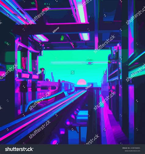 Night Begins Shine Cyberpunk Futurescape Stock Vector Royalty Free