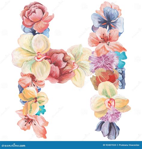 Letter H Of Watercolor Flowers Isolated Hand Drawn On A White
