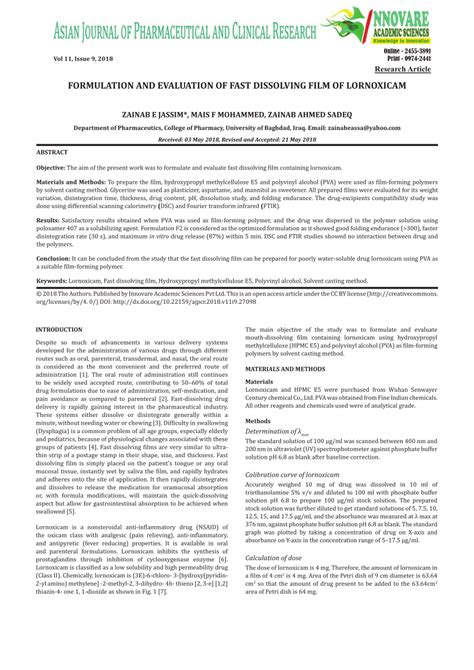 Pdf Formulation And Evaluation Of Fast Dissolving Film Of Lornoxicam