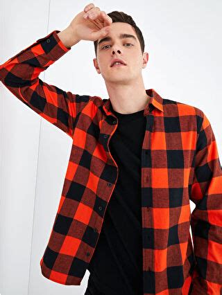 Canlı Turuncu Ekoseli Slim Fit Uzun Kollu Ekose Erkek Oduncu Gömlek S DP Z LN LCW