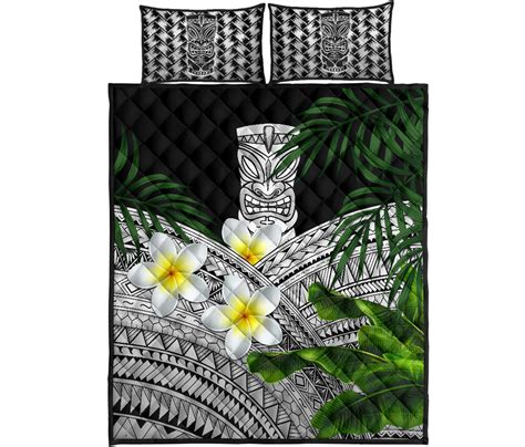 Hawaii Quilt Bed Set Polynesian Tiki Plumeria Banana Leaves Gray A02