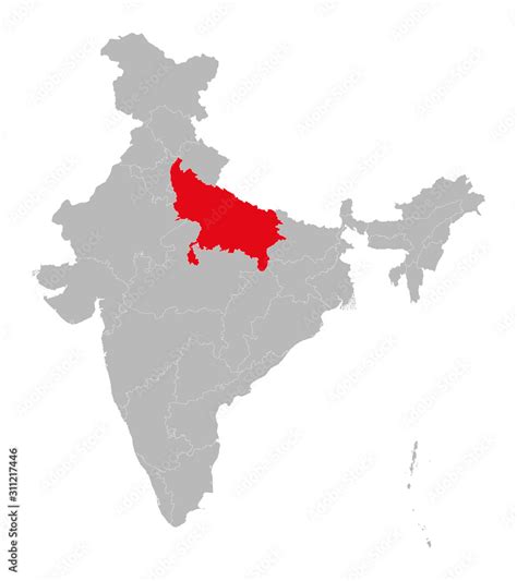 Photo And Art Print Uttar Pradesh State Marked Red On Indian Map Vector