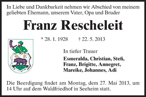 Traueranzeigen Von Franz Rescheleit Vrm Trauerde