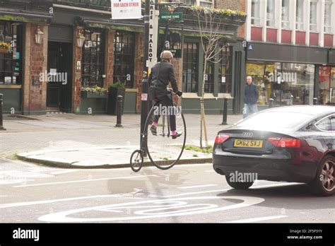 London Uk 27th Mar 2021 Jeremy Vine Remounts Penny Farthing In