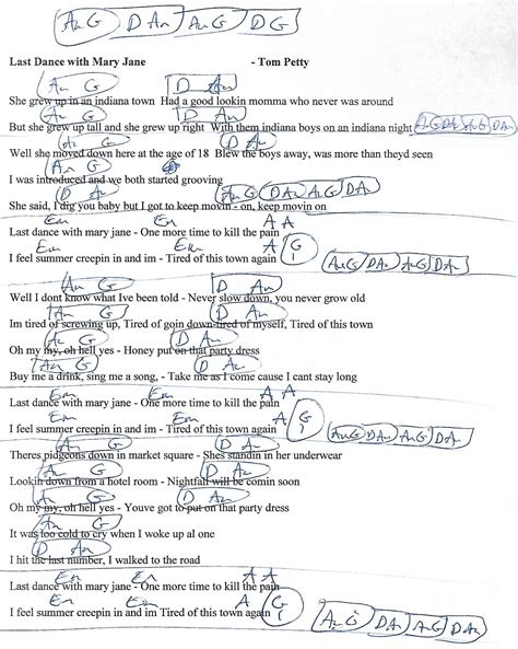 Mary Janes Last Dance Tom Petty Guitar Chord Chart With Lyrics
