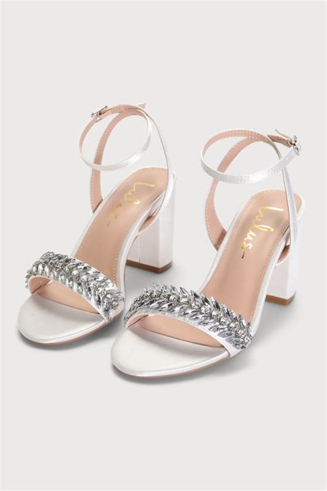 White Satin Heels Ankle Strap Heels Rhinestone Heels Lulus