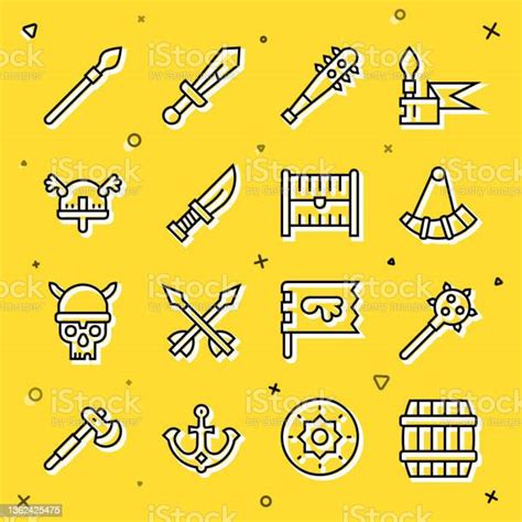 세트 라인 나무 배럴 스파이크와 메이스 사냥 뿔 단검 바이킹 뿔 헬멧 중세 창과 골동품 보물 가슴 아이콘 벡터 검에 대한 스톡 벡터 아트 및 기타 이미지 Istock