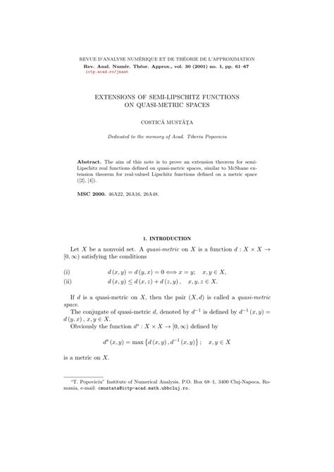Pdf Extensions Of Semi Lipschitz Functions On Quasi Metric Spaces