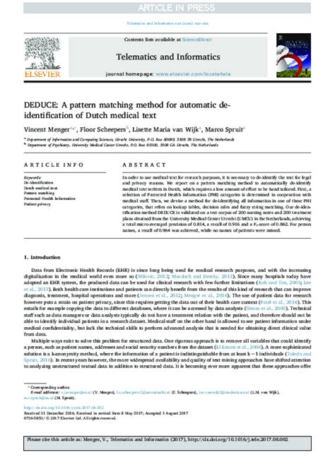 Pdf Deduce A Pattern Matching Method For Automatic De Identification Of Dutch Medical Text