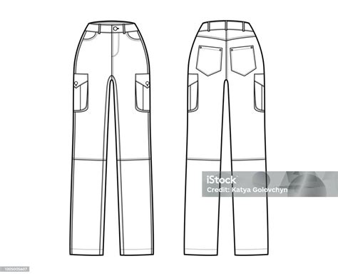 청바지 카고 데님 팬츠 테크니컬 패션 일러스트레이션 통상의 허리 하이라이즈 벨트 루프 전체 길이 0명에 대한 스톡 벡터 아트 및 기타 이미지 Istock