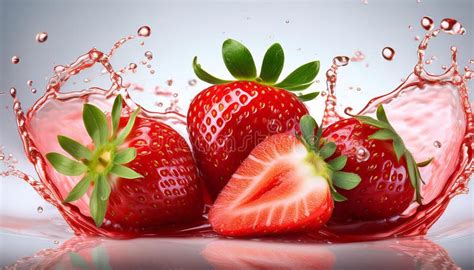 Fresh Ripe Strawberry Slices Cut And Strawberry Juice Splash Stock