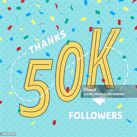 50000 추종자 번호 엽서를 감사합니다 레트로 플랫 스타일 디자인 50 K 축 하 이미지 벡터 일러스트 레이 션을 색종이 배경에 고립 된 감사 합니다 인터넷 미디어와 소셜