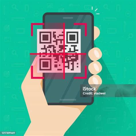 휴대 전화 또는 스마트 폰 화면에서 Qr 코드 스캔 직접 벡터 평면 만화 일러스트 바코드 스캔 기호 현대 디자인 이미지 휴대