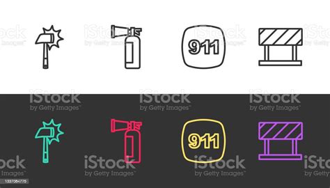세트 라인 소방관 도끼 소화기 비상 전화 911 및 흑백도로 장벽 벡터 Brand Name Smart Phone에 대한 스톡