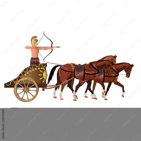Roman Archer On An Ancient War Chariot Drawn By Three Horses Stock